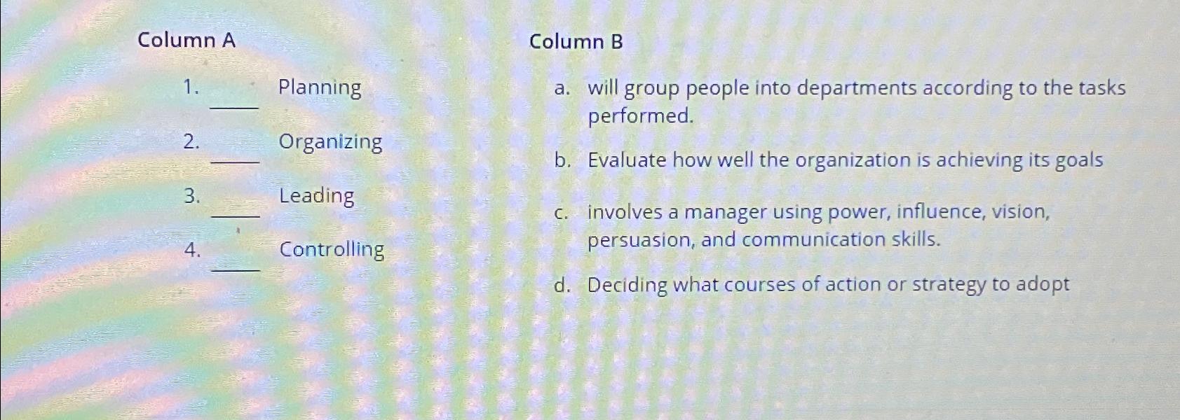 Solved Column APlanningOrganizingLeadingControllingColumn | Chegg.com