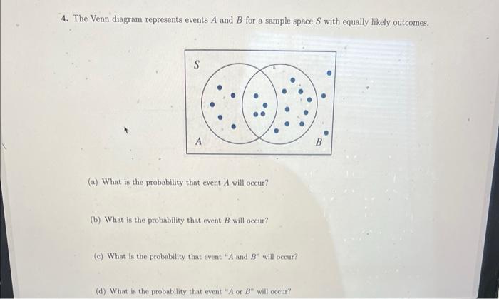 Solved 4. The Venn diagram represents events A and B for a | Chegg.com