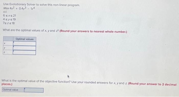 Solved Use Evolutionary Solver to solve this non-linear | Chegg.com