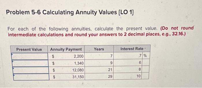 Solved Problem 5-6 Calculating Annuity Values (LO 1] For | Chegg.com