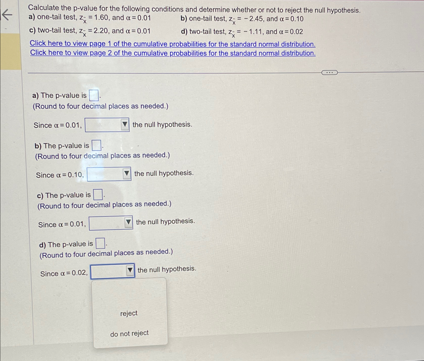 Solved Calculate the p-value for the following conditions | Chegg.com