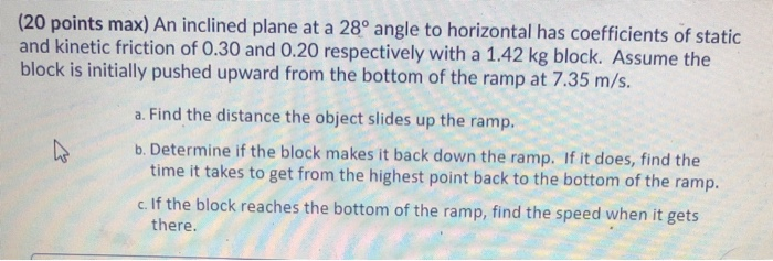 Solved (20 points max) An inclined plane at a 28° angle to | Chegg.com