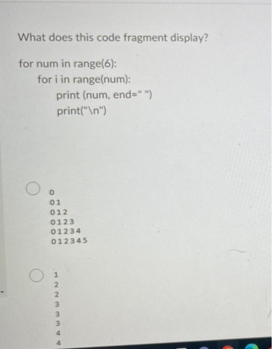 Solved What does this code fragment display? for num in | Chegg.com