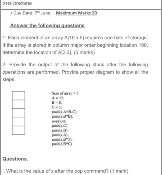 Solved 1. Each element of an array A[10×5] requires one byte | Chegg.com