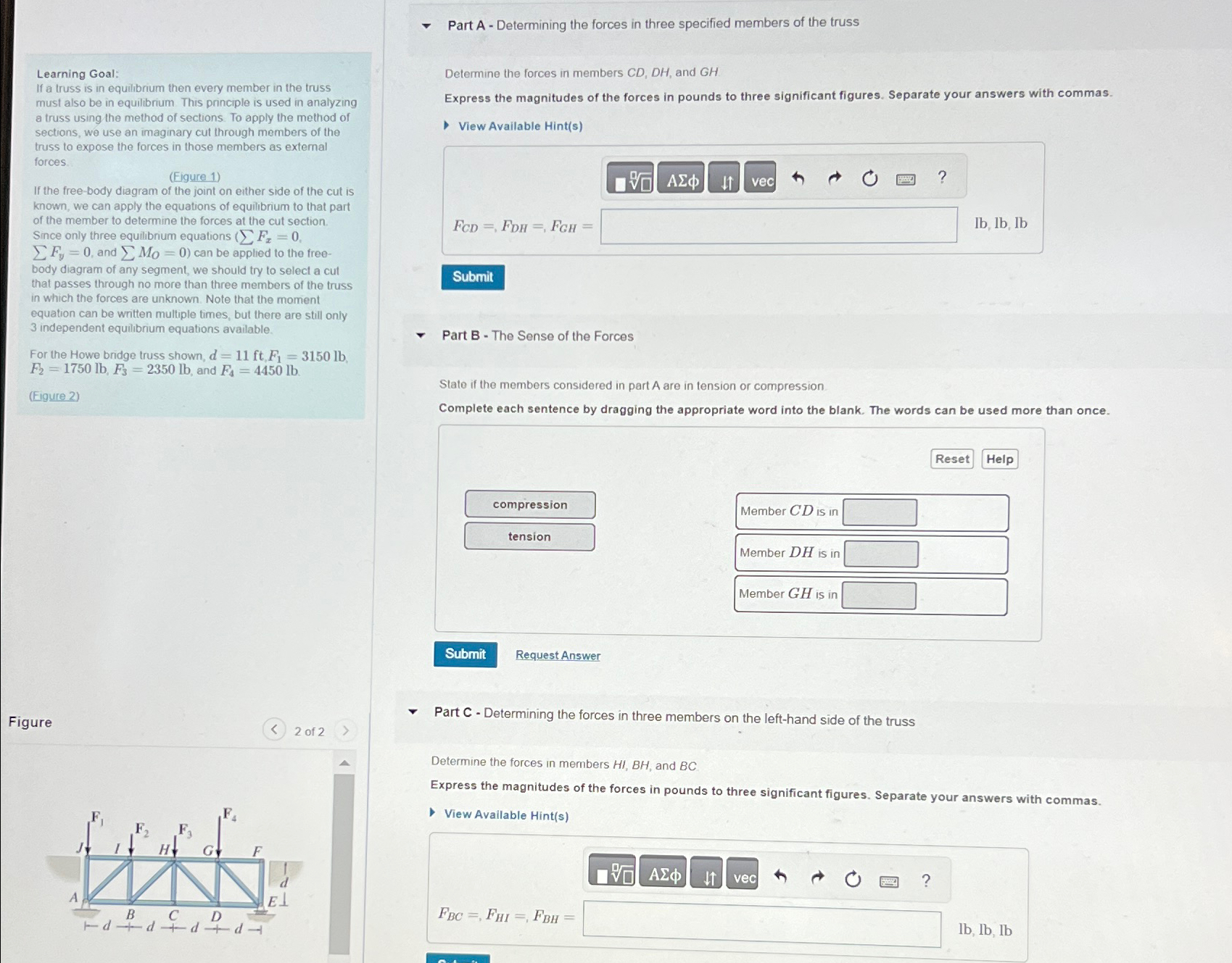 Solved Part A - ﻿Determining the forces in three specified | Chegg.com