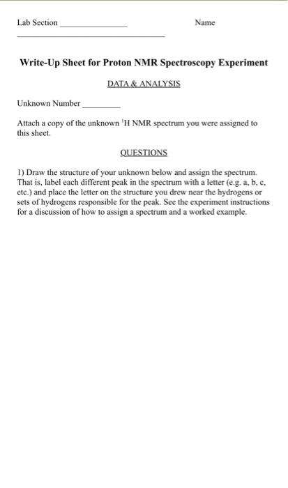 Solved 1 ( Write-Up Sheet for Proton NMR Spectroscopy | Chegg.com