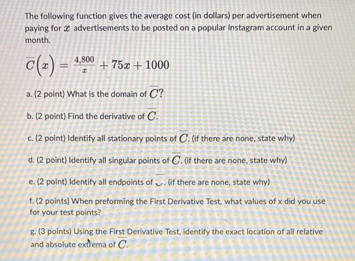 Solved The following function gives the average cost (in | Chegg.com
