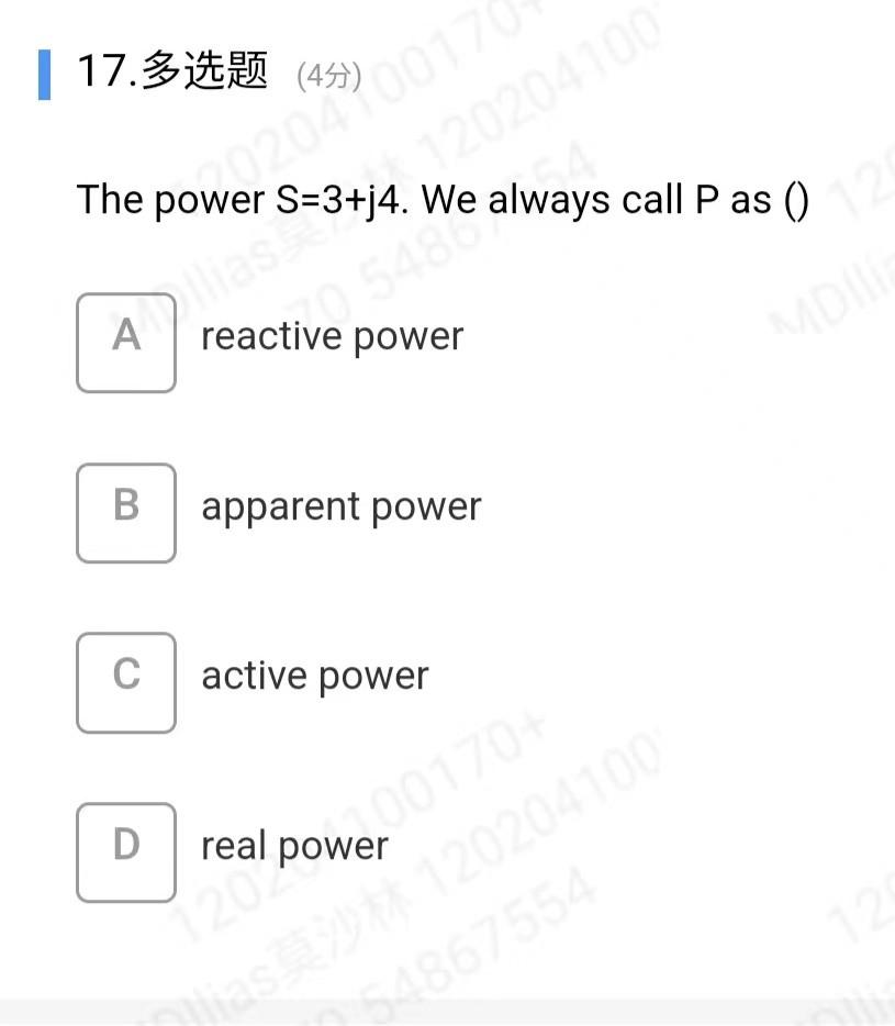 Solved 17.多选题 (4分) The power S=3+j4. We always call P as () | Chegg.com