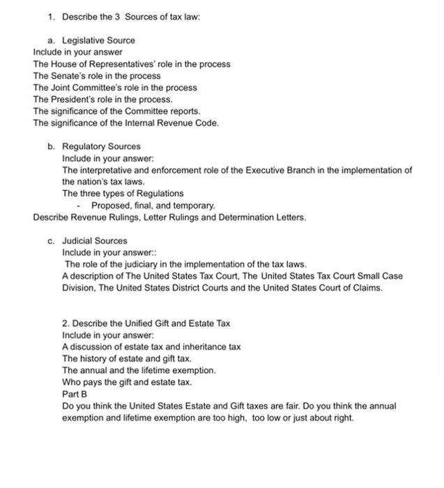 Solved 1. Describe the 3 Sources of tax law: a. Legislative | Chegg.com