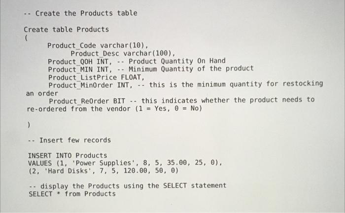Create the Products table Create table Products ( | Chegg.com