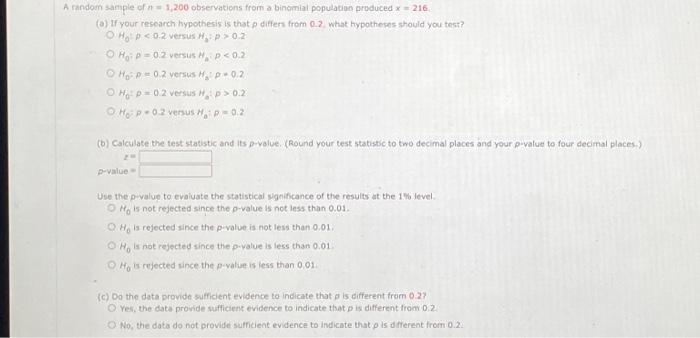 Solved random sample of n=1,200 observations from a binomial | Chegg.com