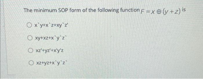 Solved The minimum SOP form of the following function F = | Chegg.com