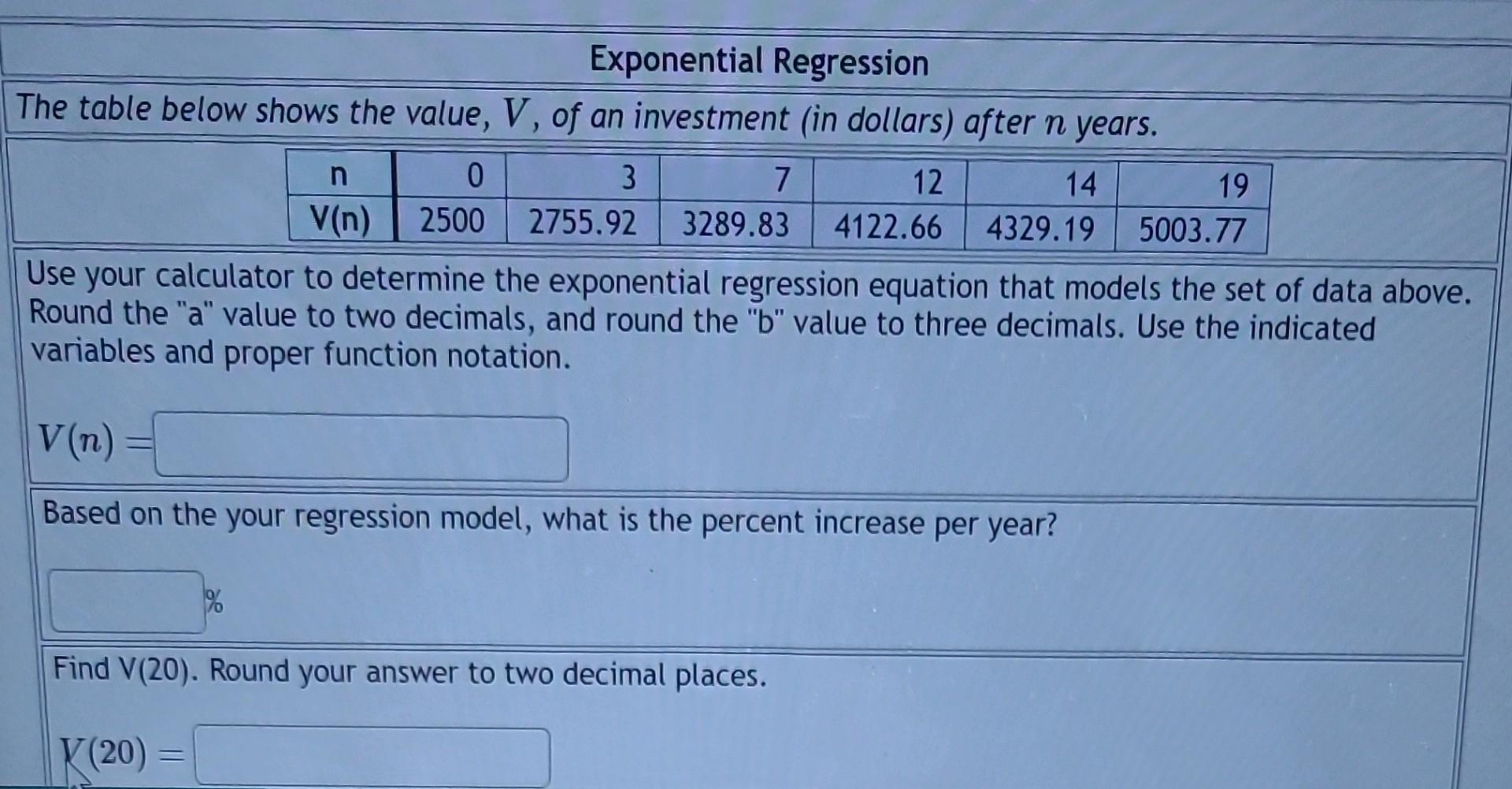 Solved Exponential Regression The table below shows the | Chegg.com