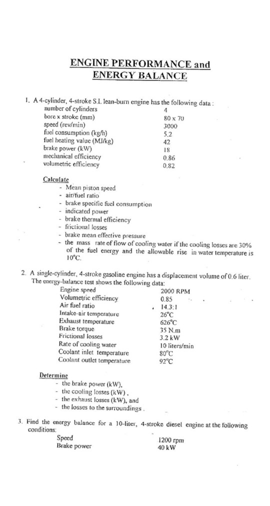 Solved ENGINE PERFORMANCE and ENERGY BALANCE 1. A | Chegg.com