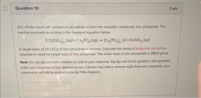 Solved Zinc nitrate reacts with potassium phosphate to form | Chegg.com