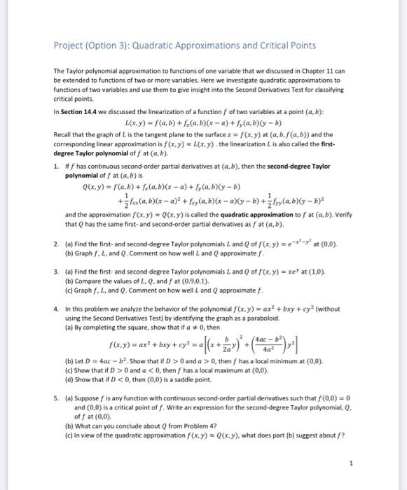 Project (Option 3): Quadratic Approximations and | Chegg.com