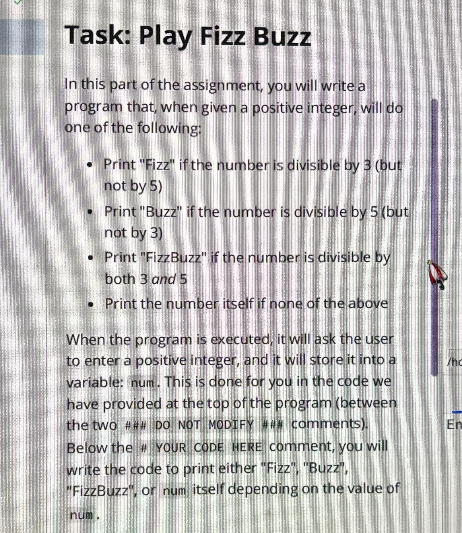 Solved Task Play Fizz Buzzin This Part Of The Assignment
