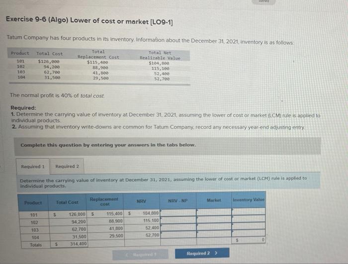 Solved 1 Exercise 9-3 (Algo) Lower of cost or net realizable | Chegg.com