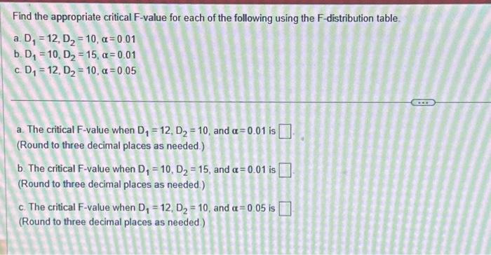 Solved Find the appropriate critical F-value for each of the | Chegg.com