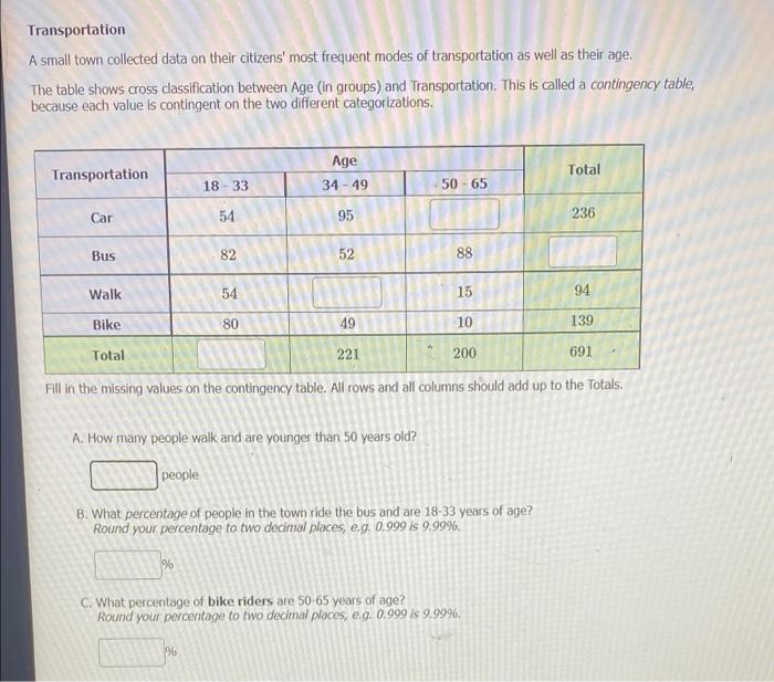 Solved Transportation A small town collected data on their | Chegg.com