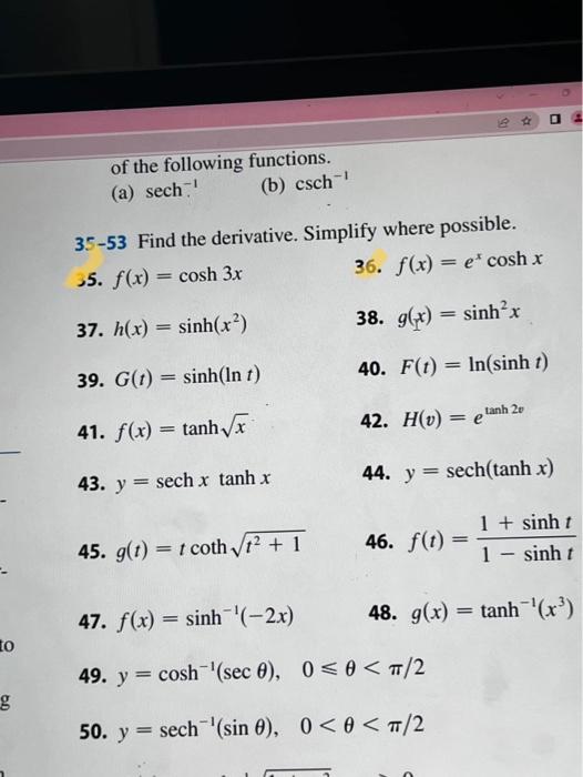 Solved Of The Following Functions A Sech−1 B Csch−1