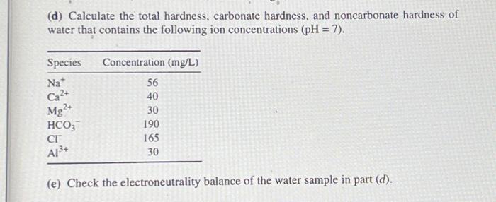 Solved (d) Calculate the total hardness, carbonate hardness, | Chegg.com