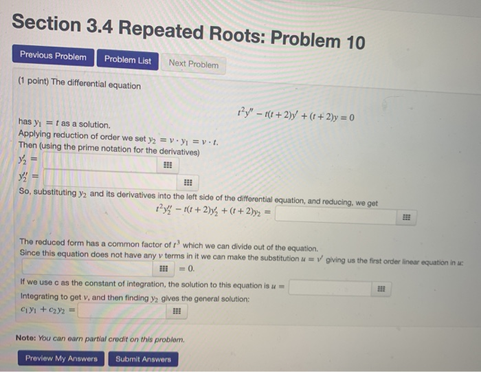 Solved Section 3.4 Repeated Roots: Problem 10 Previous | Chegg.com