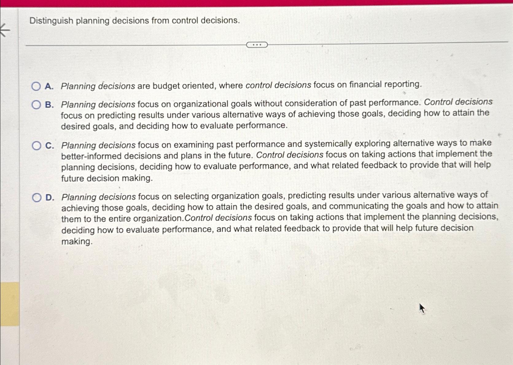 Solved Distinguish planning decisions from control | Chegg.com