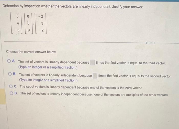 Solved Determine by inspection whether the vectors are | Chegg.com