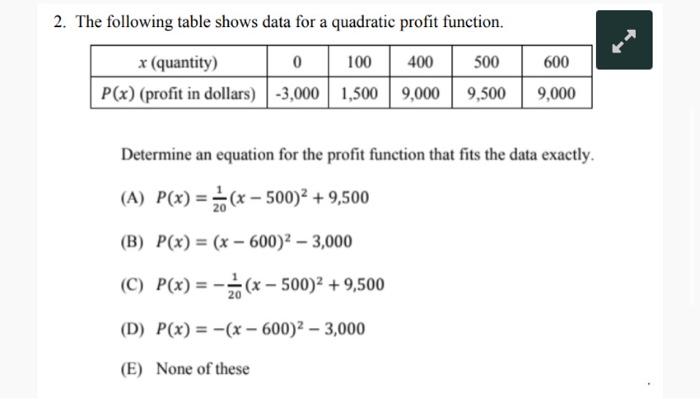 Solved 2. The following table shows data for a quadratic | Chegg.com