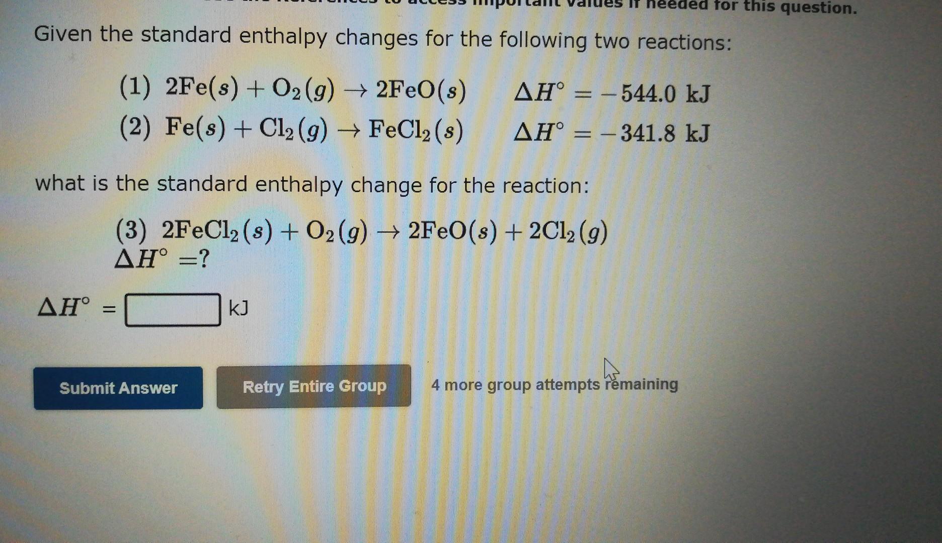Solved (1) 2Fe(s)+O2(g)→2FeO(s)ΔH∘=−544.0 kJ (2) | Chegg.com