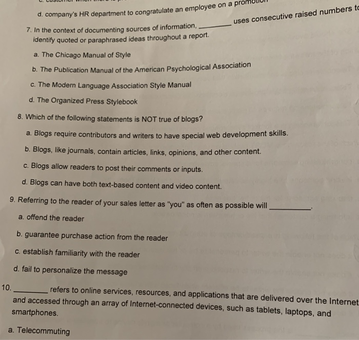 uses consecutive raised numbers to d. company's HR | Chegg.com