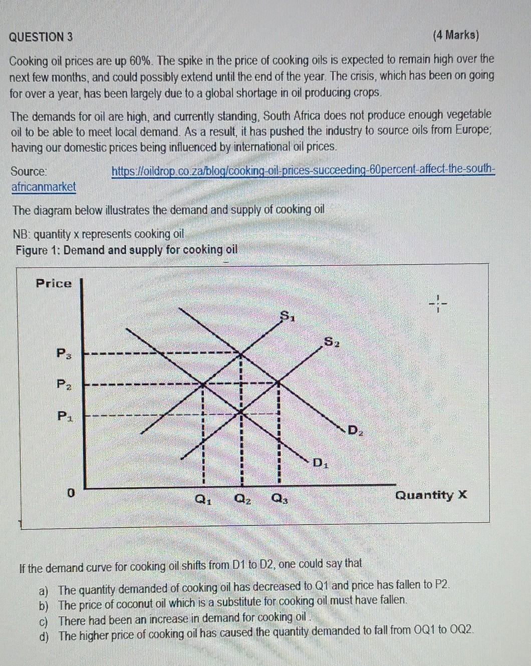 Solved QUESTION 3 (4 Marks) Cooking oil prices are up 60%. | Chegg.com