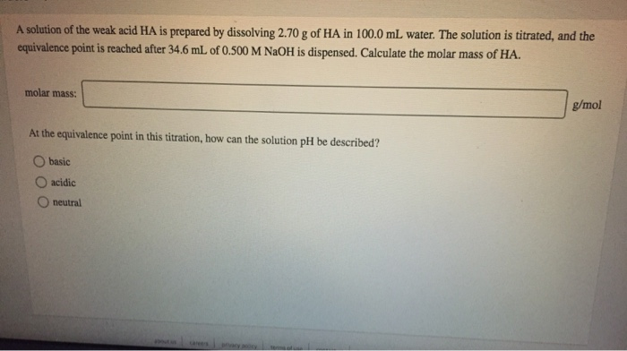 Solved A solution of the weak acid HA is prepared by | Chegg.com