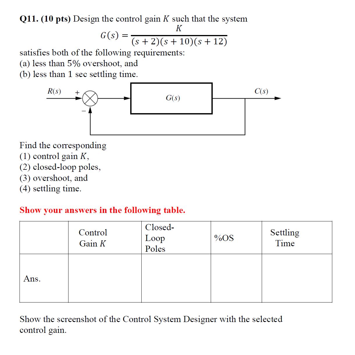 Solved Q11. (10 ﻿pts) ﻿Design the control gain K ﻿such that | Chegg.com