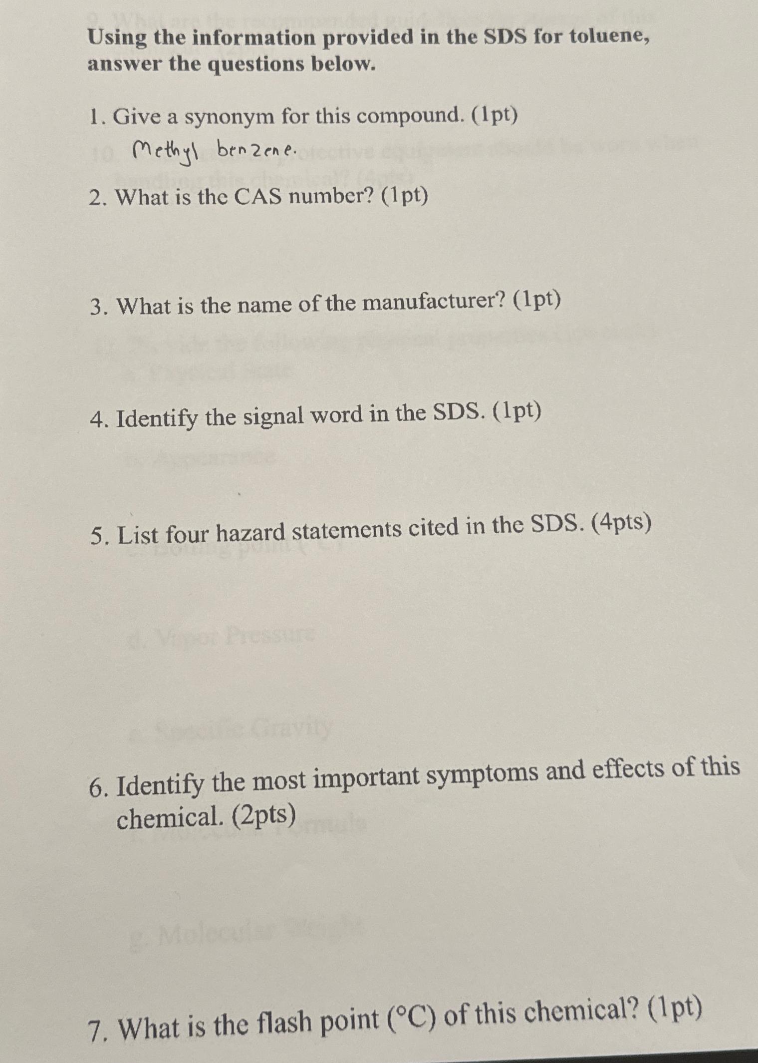 Solved Using the information provided in the SDS for | Chegg.com