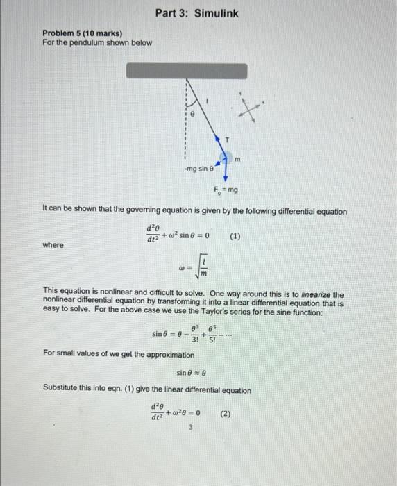 Solved Part 3: Simulink Problem 5 (10 marks) For the | Chegg.com