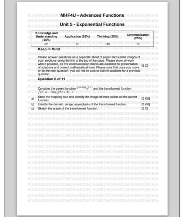 Solved MHF4U - Advanced Functions Unit 5 - Exponential | Chegg.com