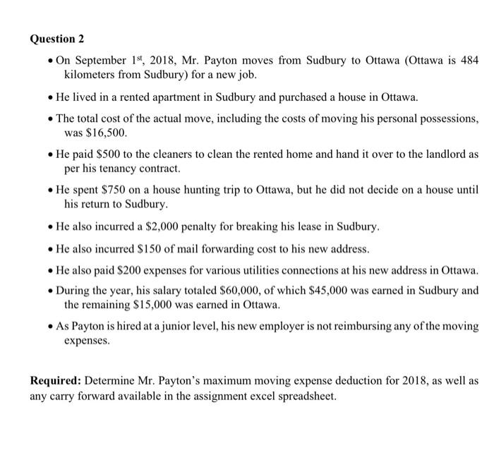 Solved - On September 1st, 2018, Mr. Payton moves from | Chegg.com
