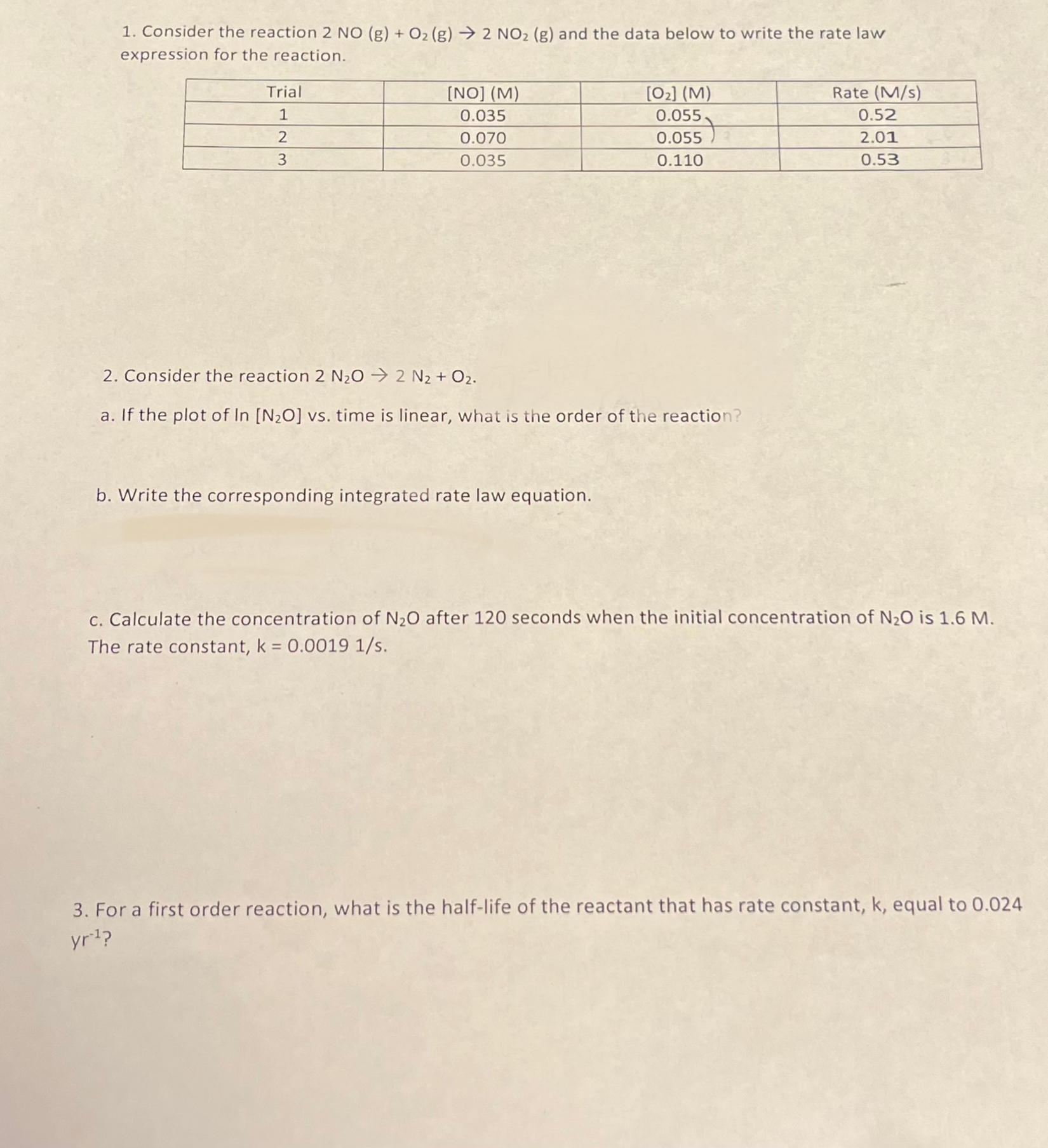 Solved Consider the reaction 2NO(g)+O2(g)→2NO2(g) ﻿and the | Chegg.com
