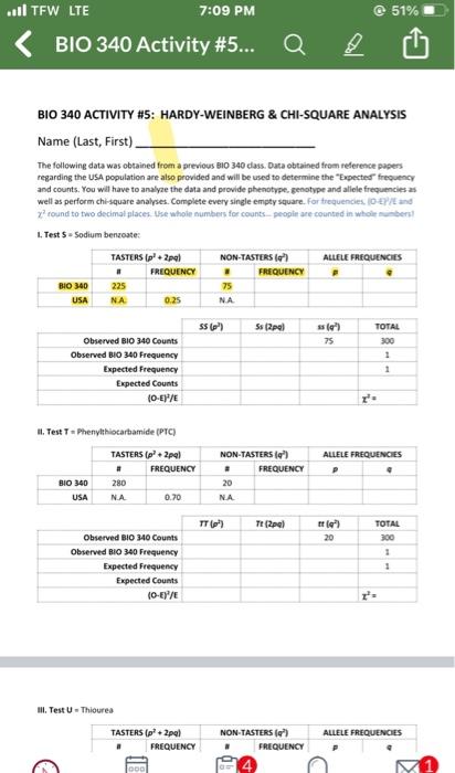 BIO 340 ACTIVITY \#5: HARDY-WEINBERG \& CHI-SQUARE | Chegg.com