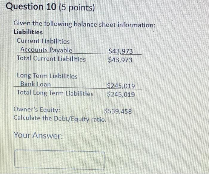 Solved Question 10 (5 points) Given the following balance | Chegg.com
