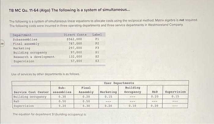 Solved TB MC Qu. 11-64 (Algo) The following is a system of | Chegg.com