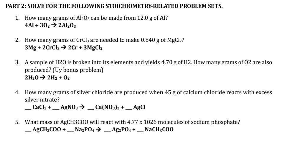 Solved PART 2: SOLVE FOR THE FOLLOWING STOICHIOMETRY-RELATED | Chegg.com