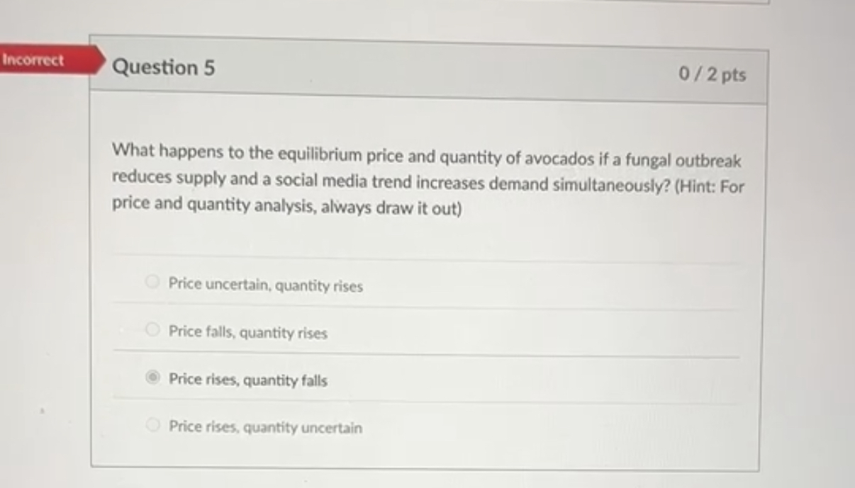 [Solved]: Question 5 What happens to the equilibrium pri