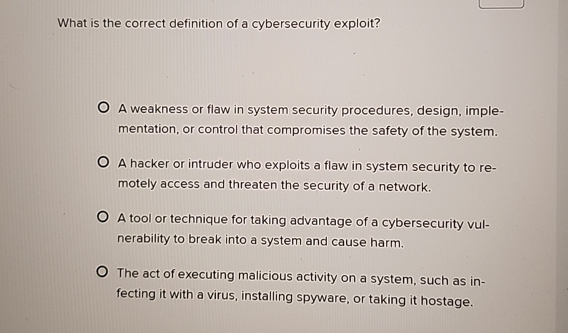 Solved What is the correct definition of a cybersecurity | Chegg.com