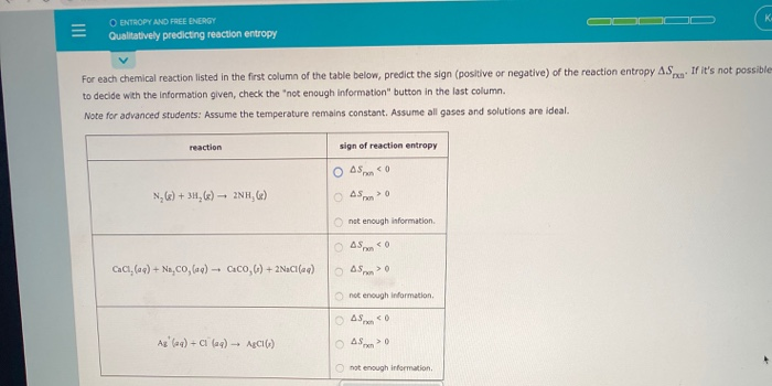 Solved - O ENTROPY AND FREE ENERGY Qualitatively predicting | Chegg.com