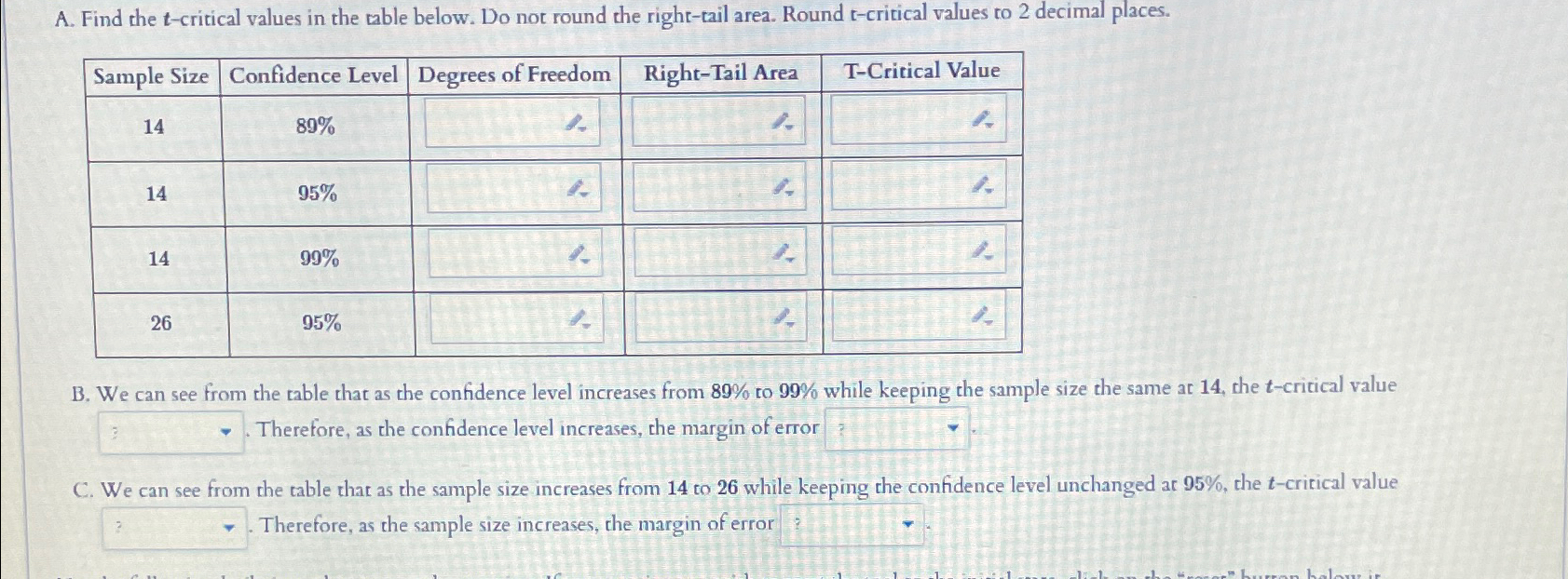 Solved A. ﻿Find the t-critical values in the table below. Do | Chegg.com