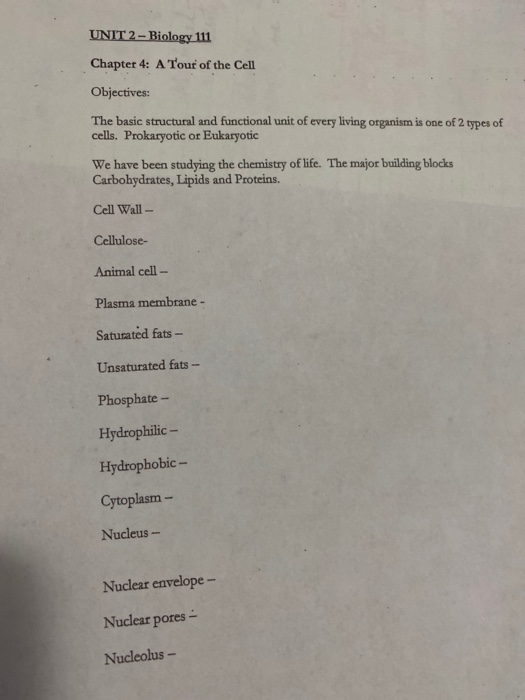 UNIT 2 - Biology 111 Chapter 4: A Tour of the Cell | Chegg.com