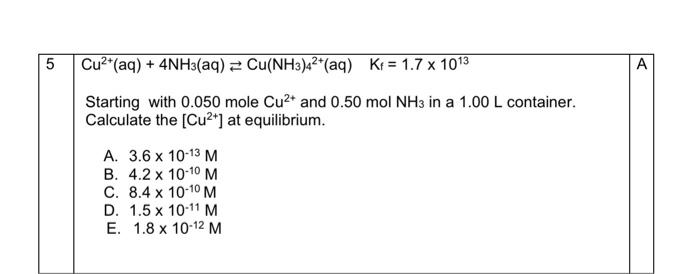 Solved Cu2+(aq)+4NH3(aq)⇄Cu(NH3)42+(aq)Kf=1.7×1013 Starting | Chegg.com